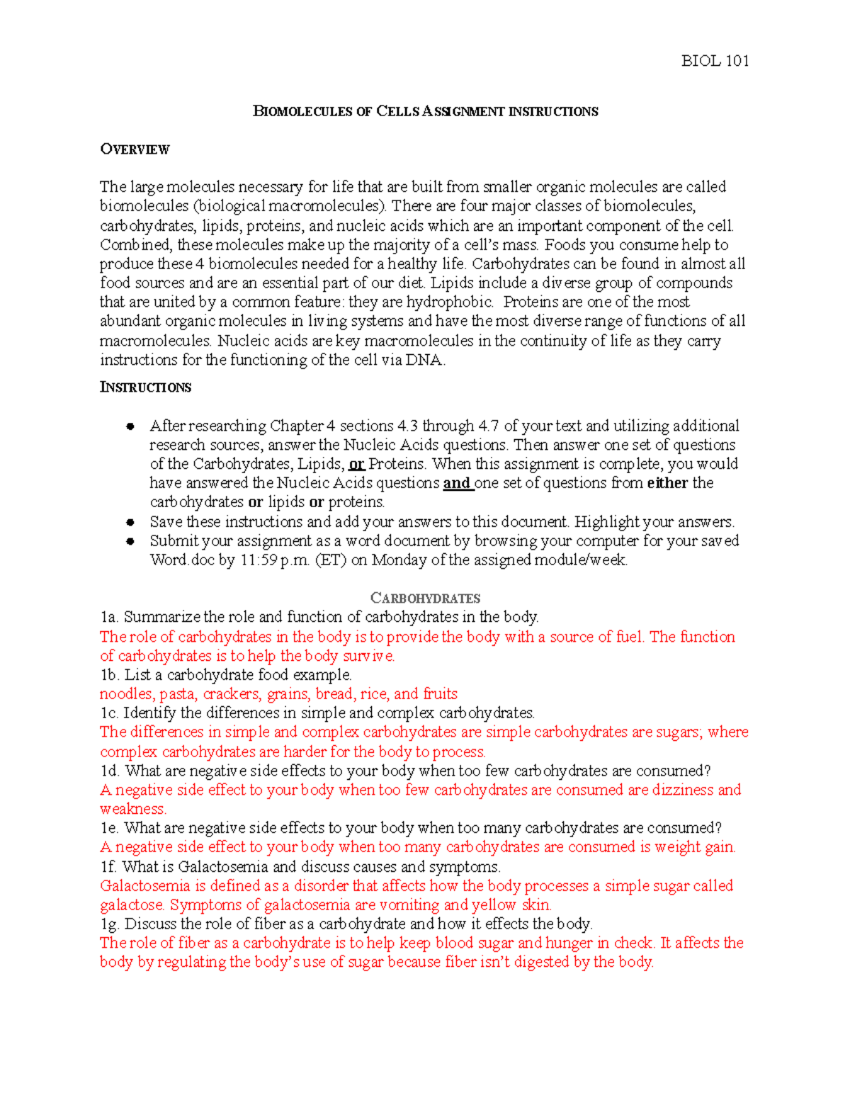 Biomolecules of Cells Assignment Instructions - BIOL 101 BIOMOLECULES ...