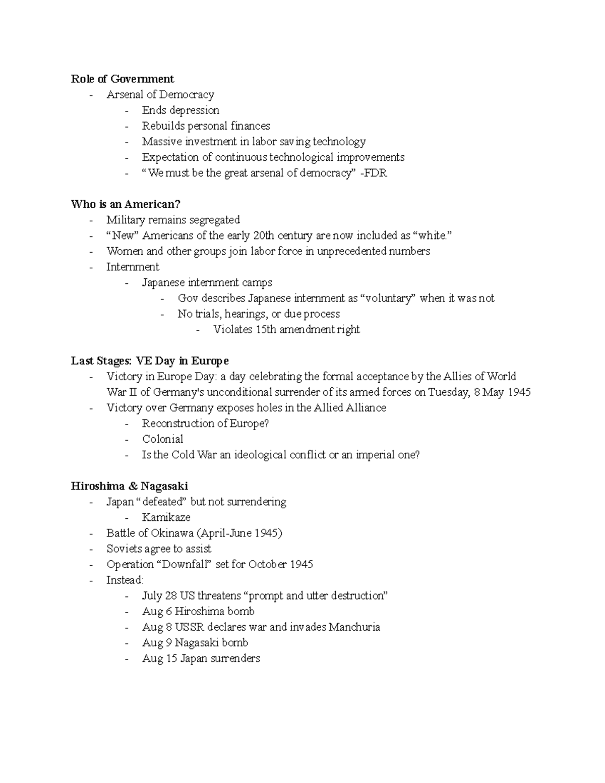 World War 2 Lecture Notes - Role of Government - Arsenal of Democracy ...