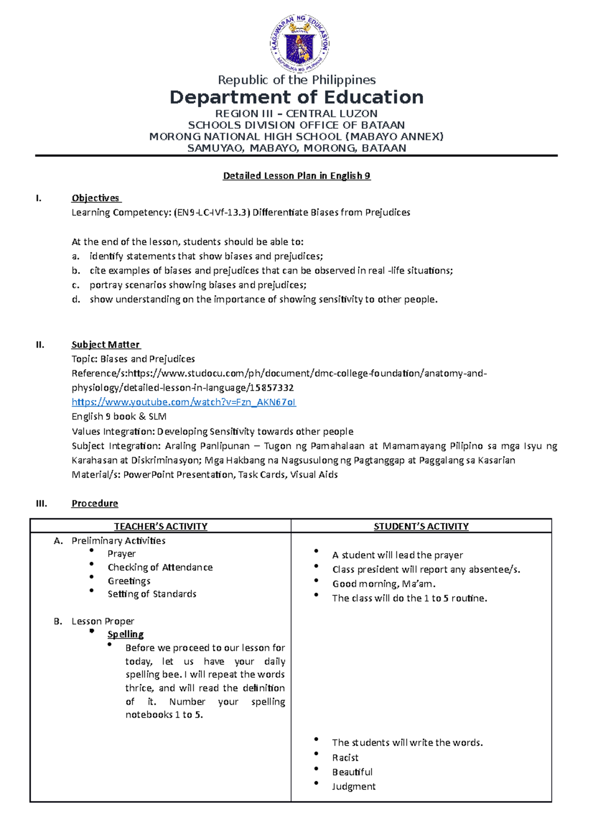 DLP for COT 1 - grade 9 - Republic of the Philippines Department of ...