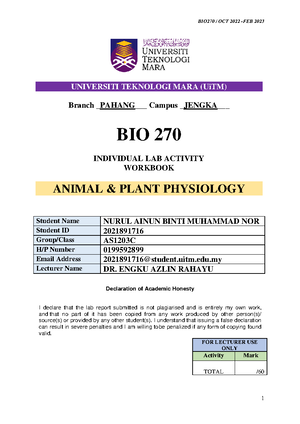 LAB Report BIO - FACULTY OF APPLIED SCIENCE UNIVERSITI TEKNOLOGI MARA ...