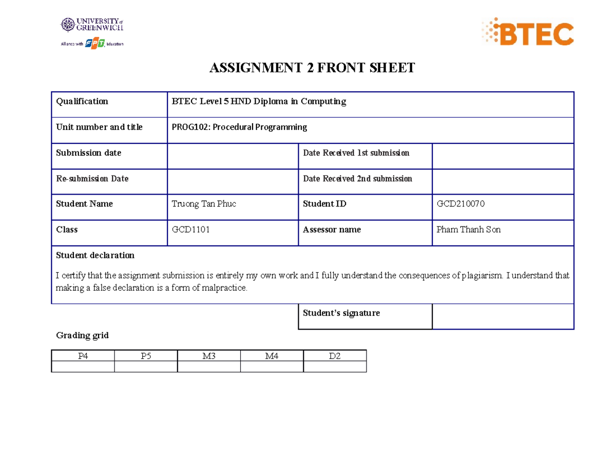 PROG102 - Assignment 2 frontsheet - Business Environment - Studocu