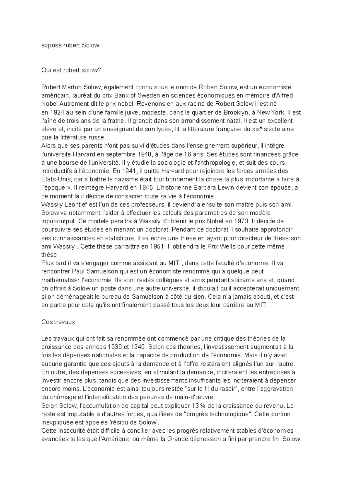 Exposé robert Solow - exposé robert Solow Qui est robert solow? Robert Merton Solow, également ...