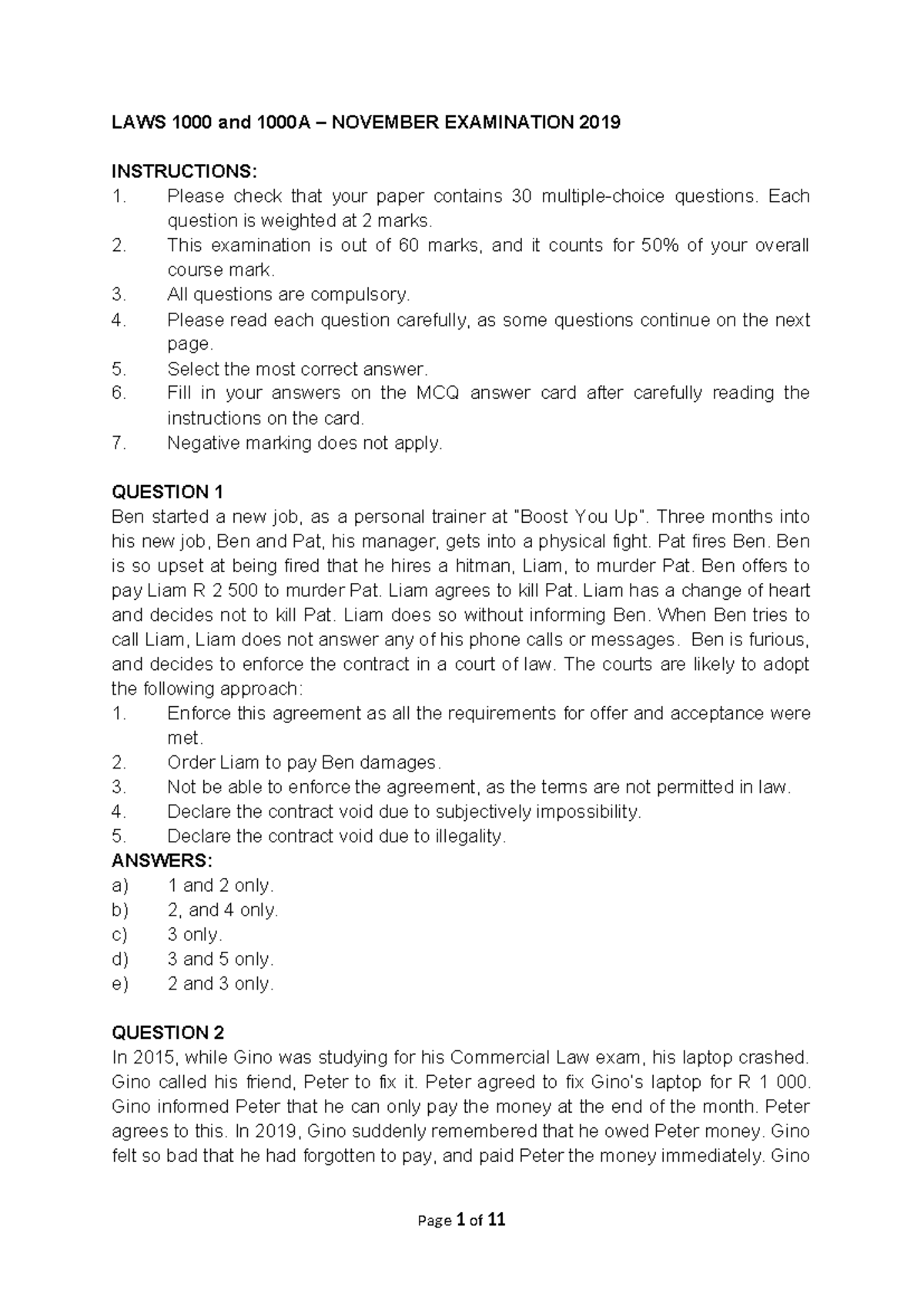 MCQs from 2019 main exam - LAWS 1000 and 1000A – NOVEMBER EXAMINATION ...