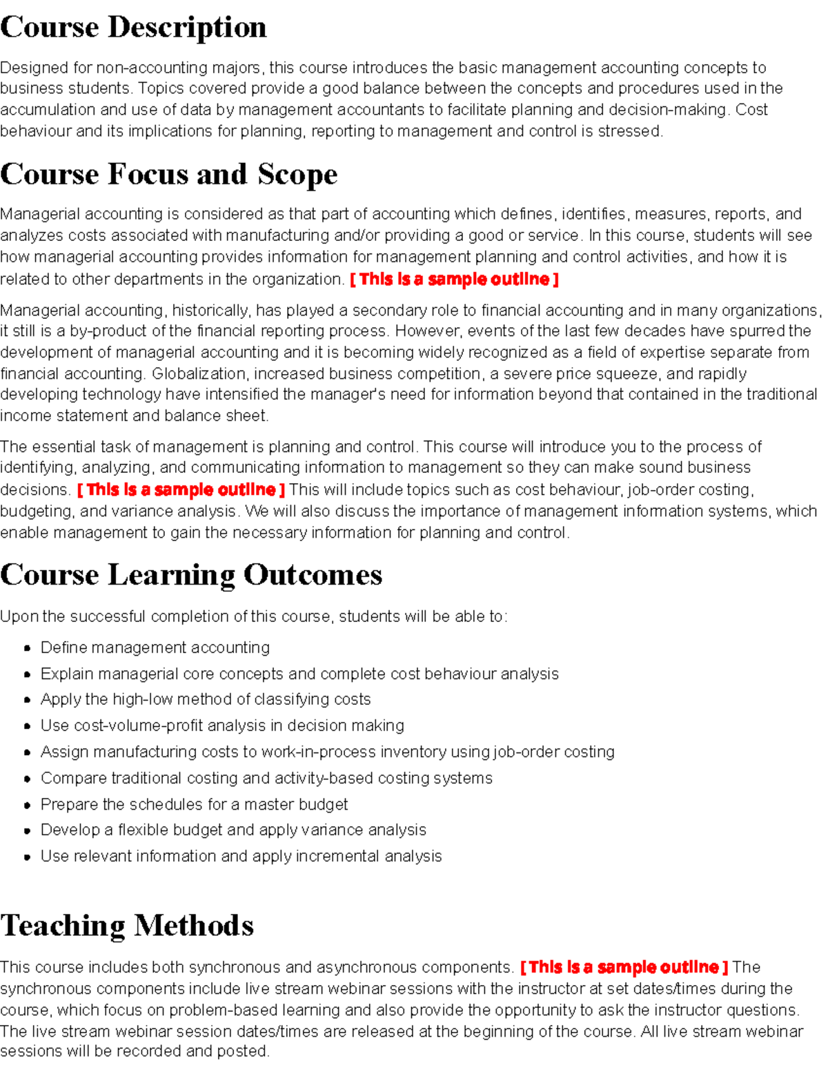 CACC406, Course Outline - Course Description Designed for non ...