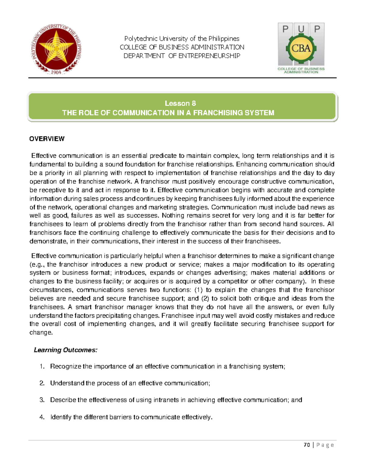 Franchising lesson 8 9 - practice material - of Entrepreneursh COLLEGE OF BUSINESS ...