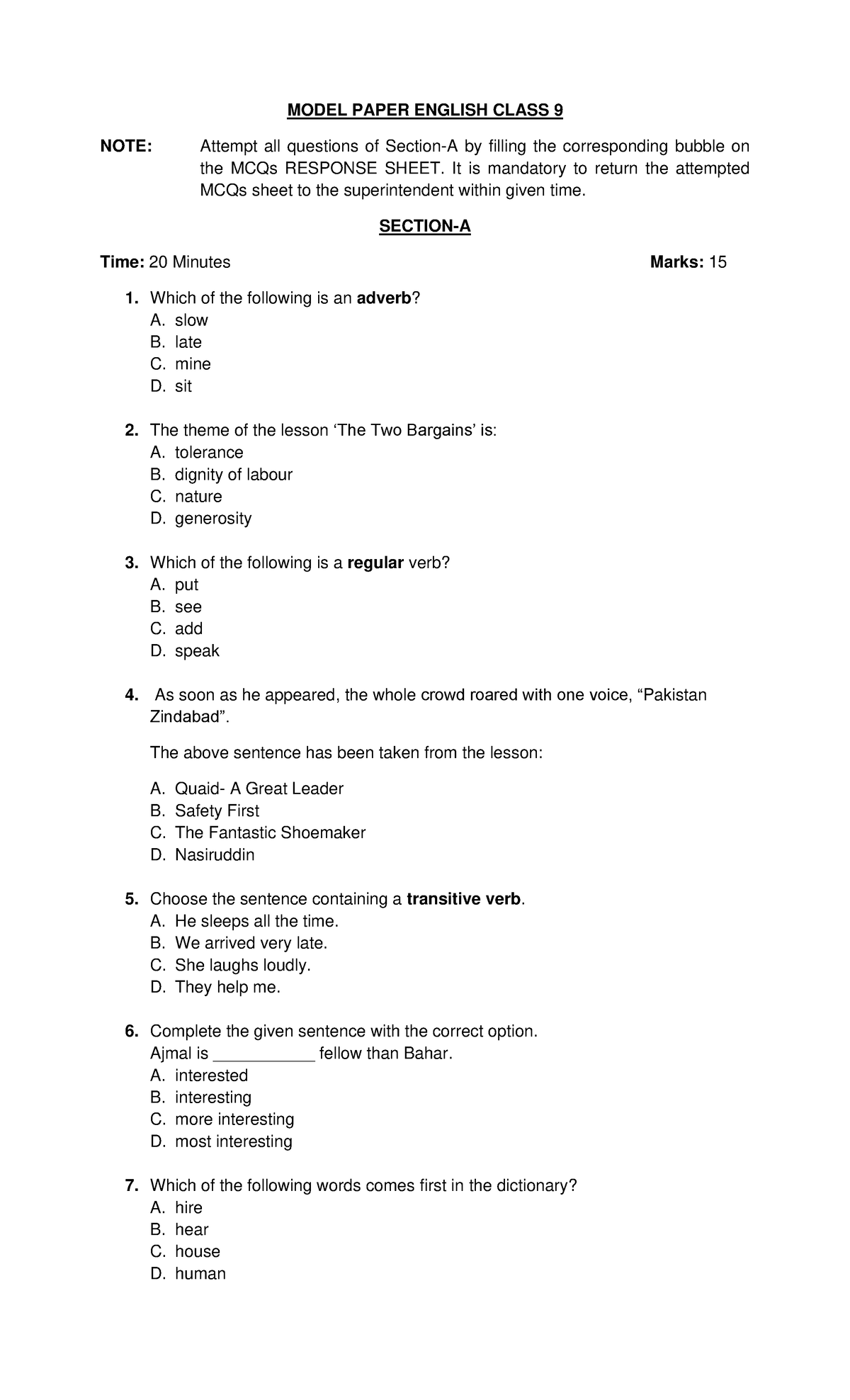 Model Paper English 9th 1670425144 - MODEL PAPER ENGLISH CLASS 9 NOTE ...