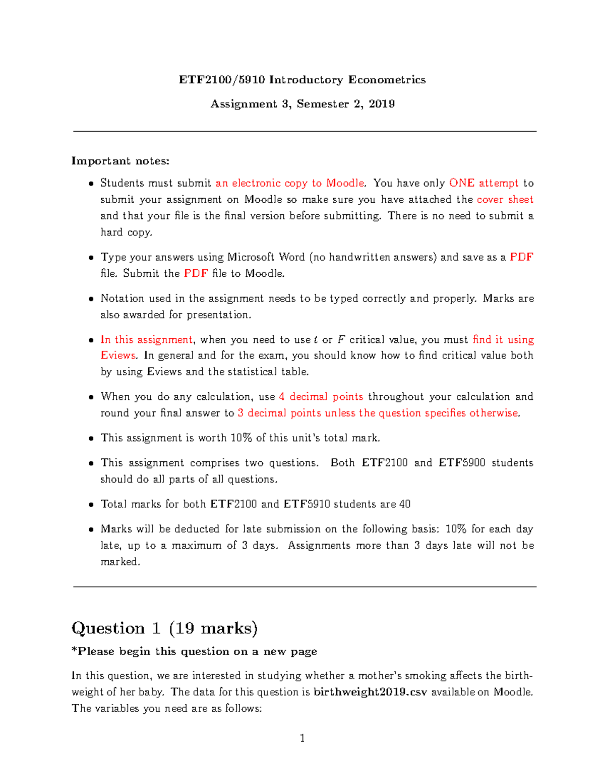 ETF2100 2019 S2 assignment 3 - ETF2100/5910 Introductory Econometrics Assignment 3, Semester 2 ...