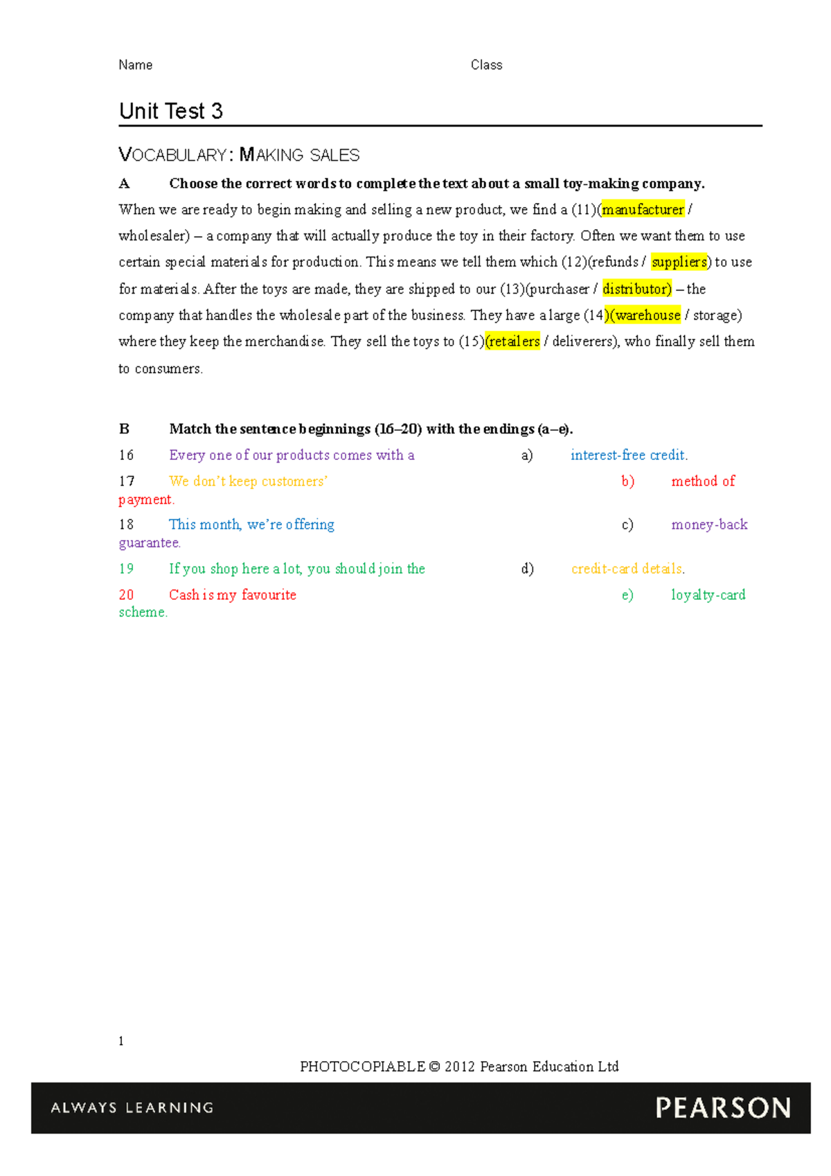 Pre-Inter Unit-test 03 - Name Class Unit Test 3 VOCABULARY: MAKING ...