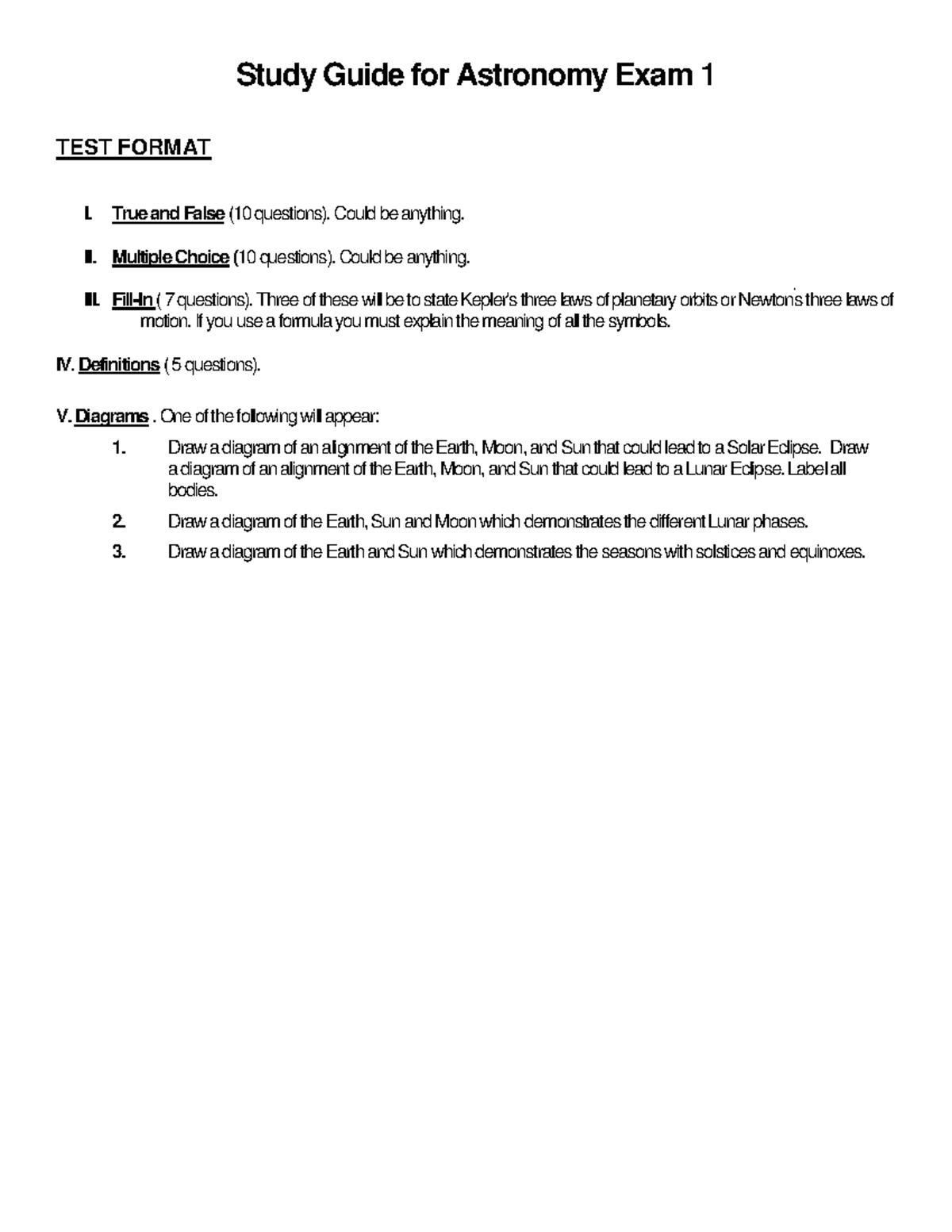 Study Guide Test 1 - Study Guide for Astronomy Exam 1 TEST FORMAT I ...