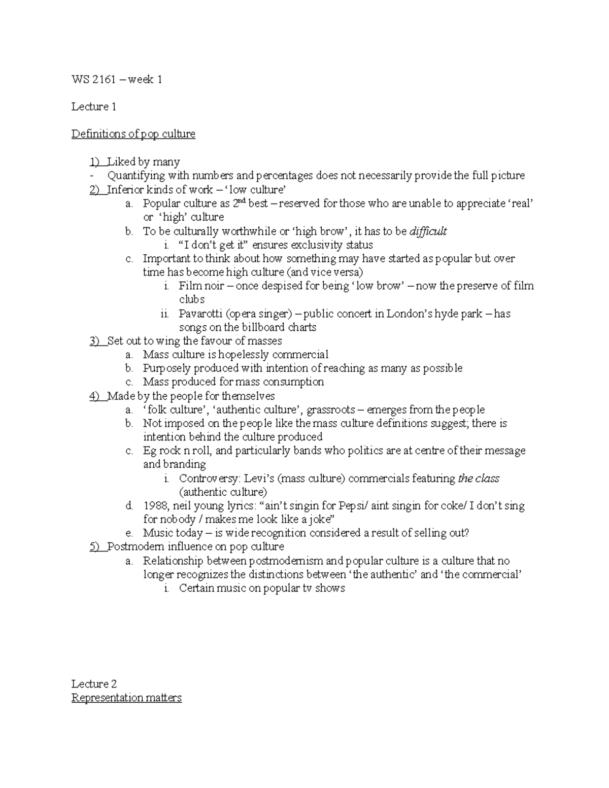 women and pop culture weekly lecture notes - WS 2161 – week 1 Lecture 1 ...