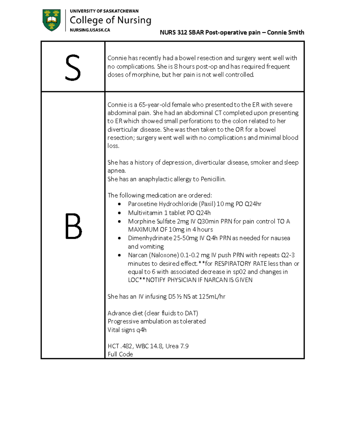 Post-op pain Connie Smith SBAR 2022 - NURS 31 2 SBAR Post-operative ...