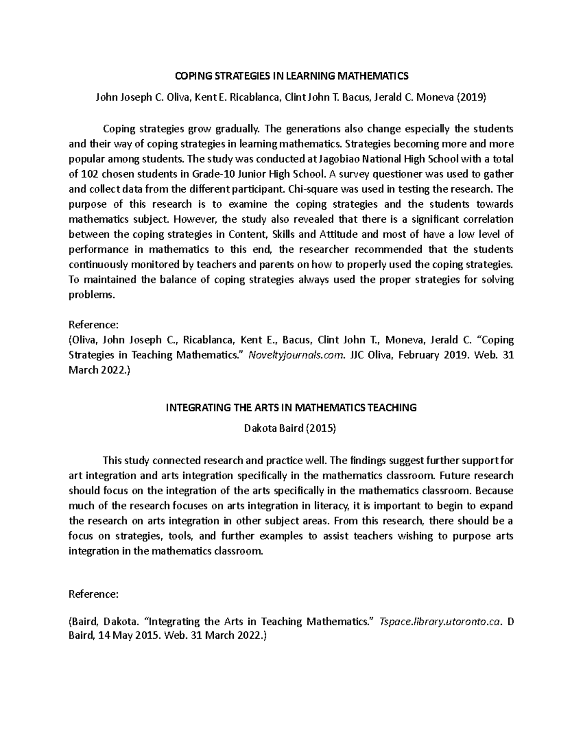 Research IN MATH Possible Topics and Focus of Concern - COPING ...