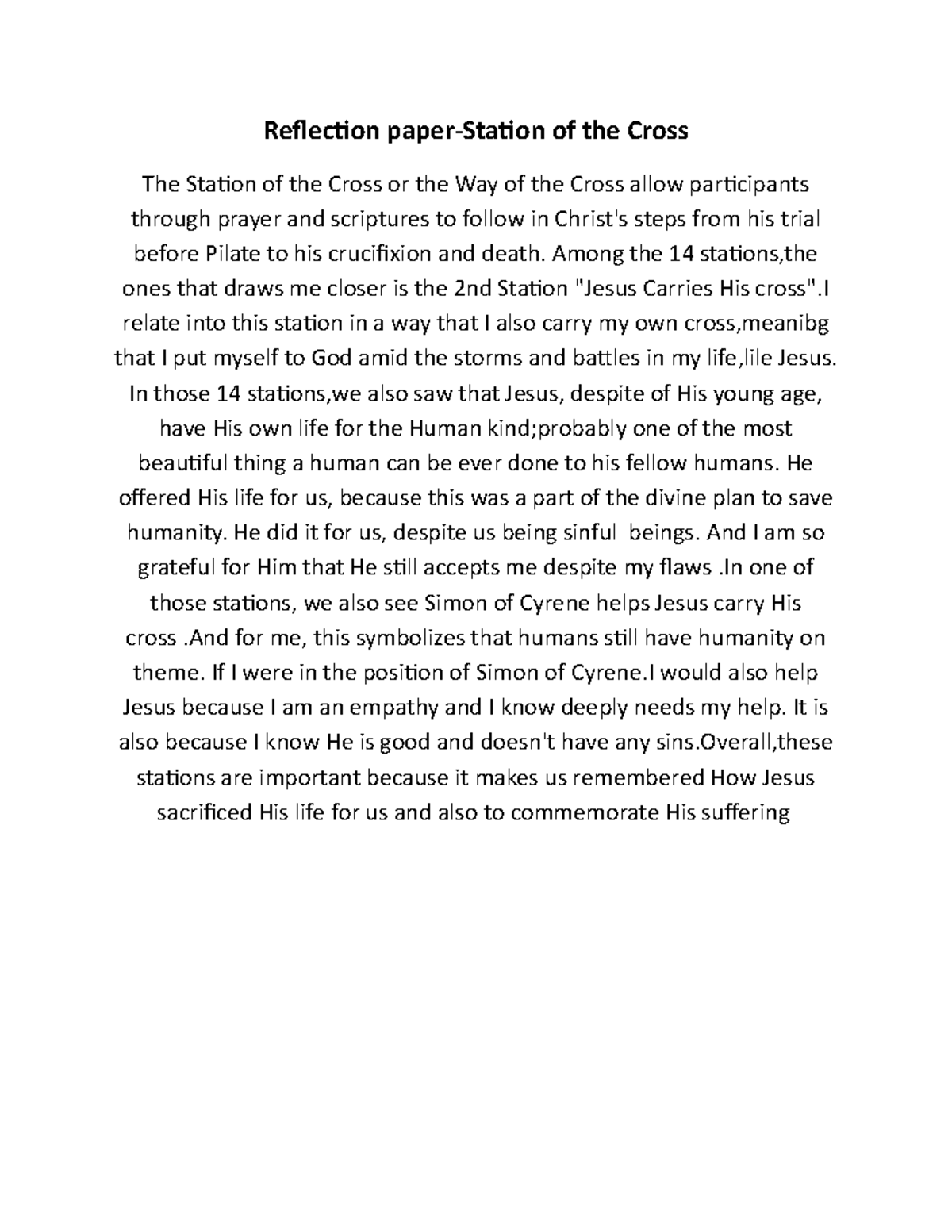 Reflection paper - bdhs - Reflection paper-Station of the Cross The ...