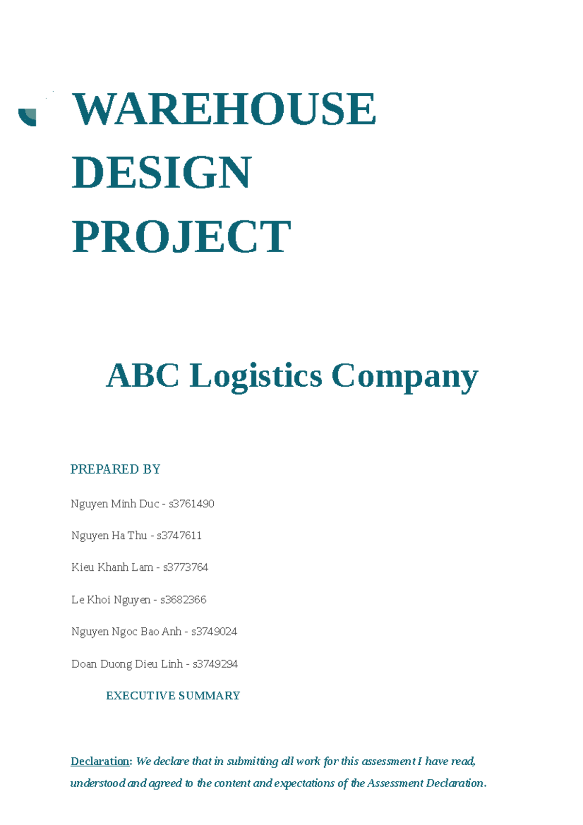 OMGT2196 Warehouse Design Group 2 HN - WAREHOUSE DESIGN PROJECT ABC ...