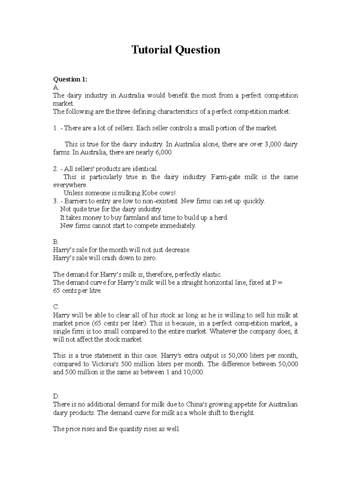 ECO10004 Tutorial Question W6 - Tutorial Question Question 1: A. The ...