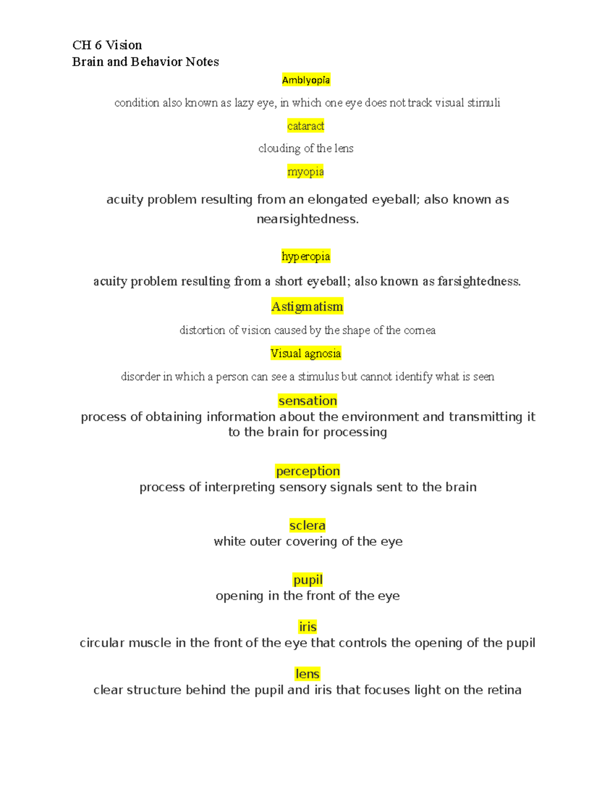 CH 6 brain and behavior notes - CH 6 Vision Brain and Behavior Notes ...