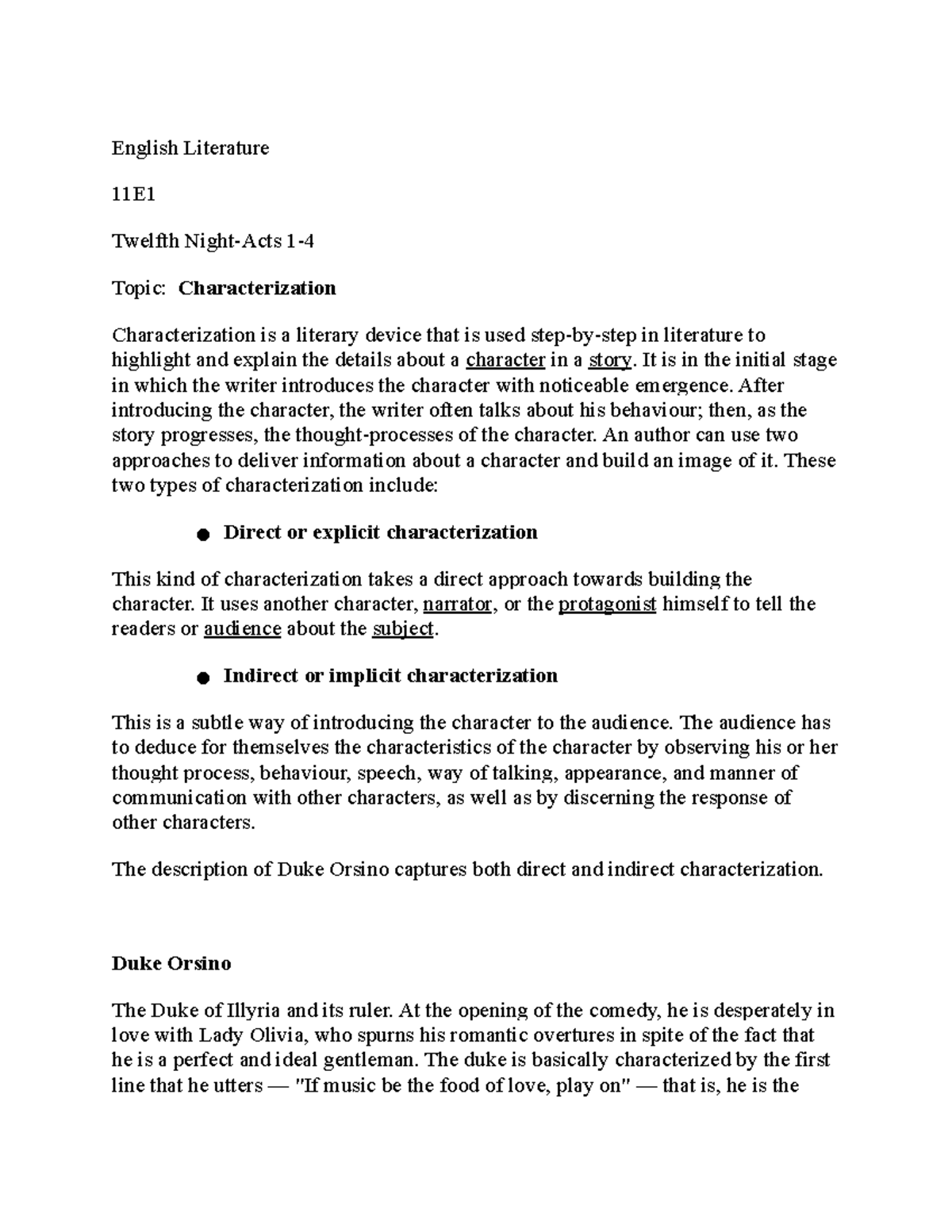 Characterization - Twelfth Night - English Literature 11E Twelfth Night ...
