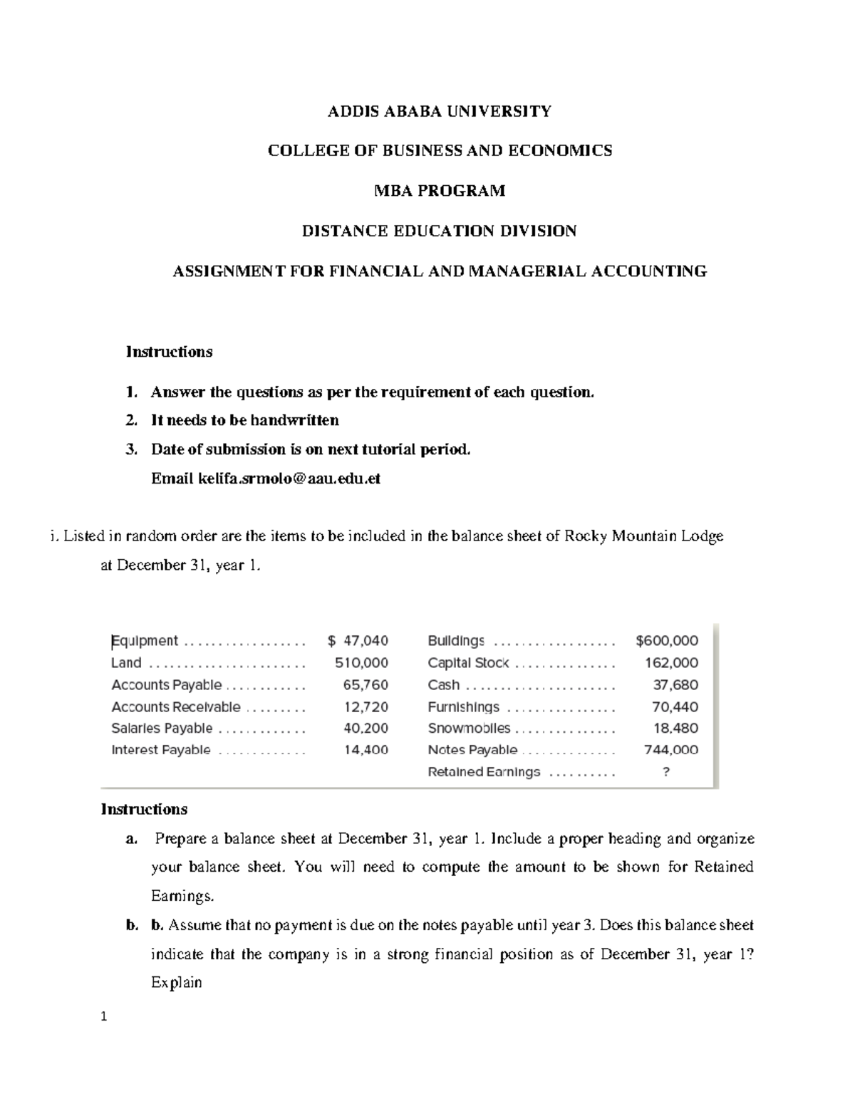 Assignment to Distance FMA 1 - ADDIS ABABA UNIVERSITY COLLEGE OF BUSINESS AND ECONOMICS MBA ...
