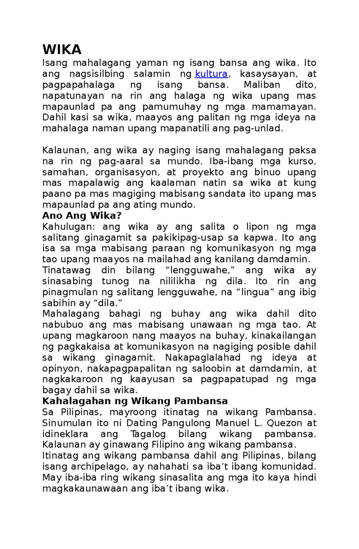 DOCS WIKA - REVIEW MATERIALS - WIKA Isang mahalagang yaman ng isang bansa ang wika. Ito ang ...