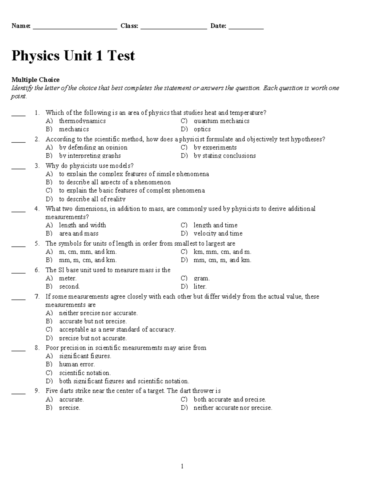 Phys Unit 1 The Science of Physics Test - 1 Name ...