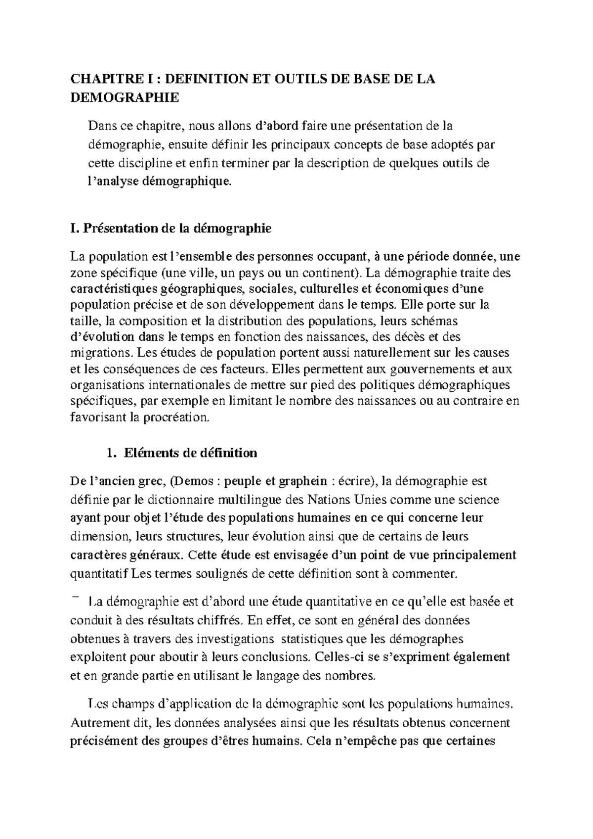 Cours- Demographie - CHAPITRE I : DEFINITION ET OUTILS DE BASE DE LA ...