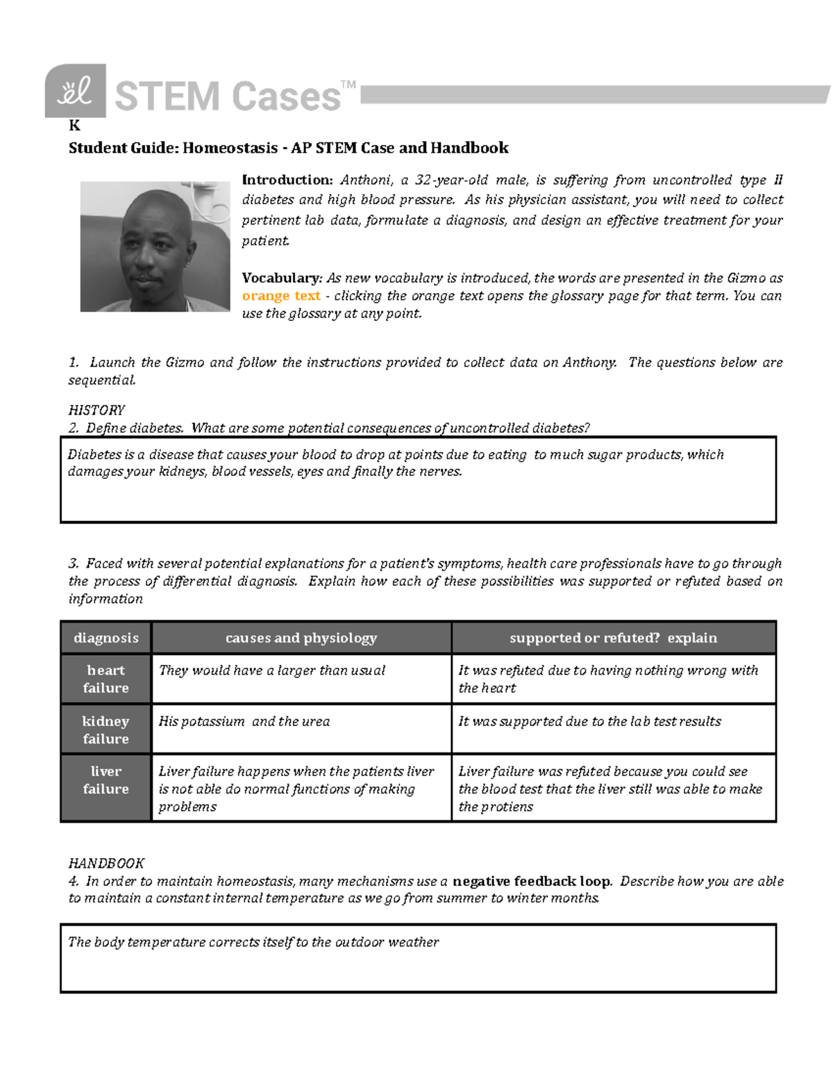 STEM Case Unit 2 Body Systems fully done - K Student Guide: Homeostasis ...
