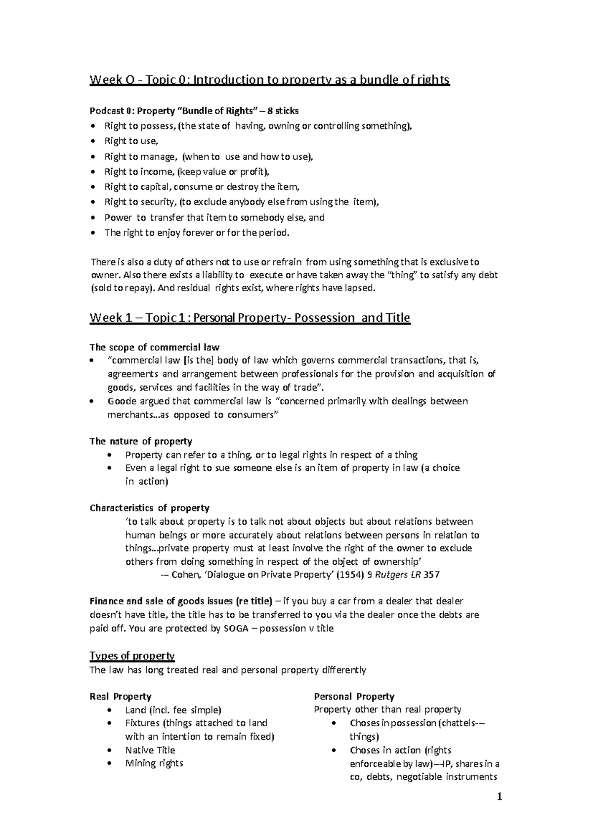 Ppsa 2 Lecture Notes Ppsa Week O Topic 0 Introduction To Property As A Bundle Of Rights