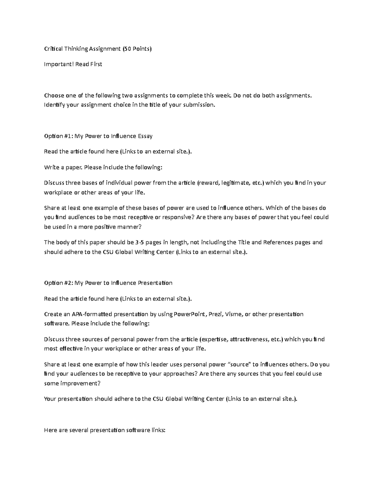 my power to influence essay - Critical Thinking Assignment (50 Points ...