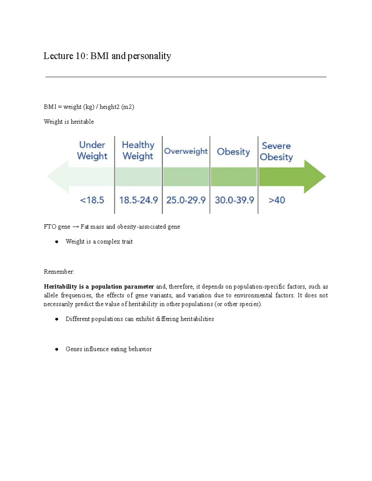 Lecture 10 BMI and personality - Lecture 10: BMI and personality BMI ...