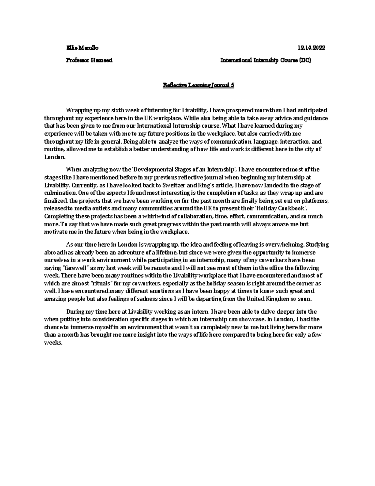 Reflective Journal 5 - Internation Internship Seminar Course ...