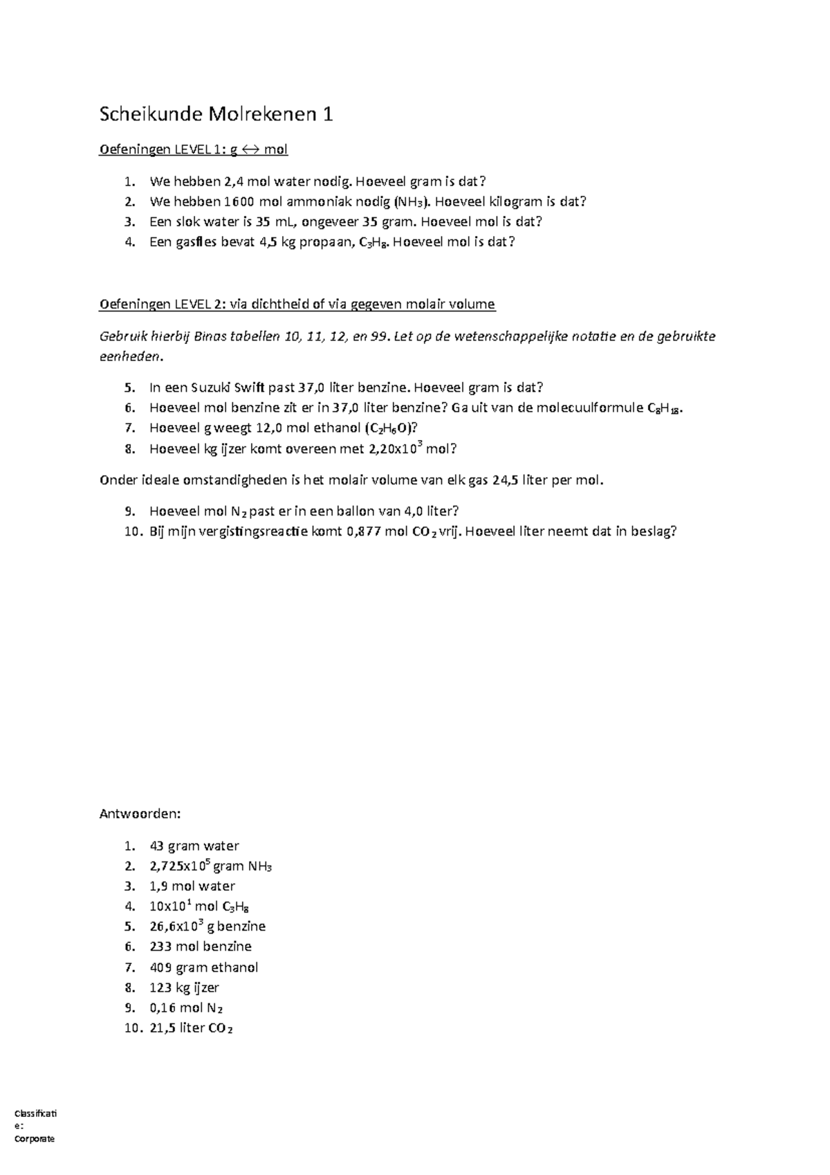 Molrekenen oefenen - Scheikunde Molrekenen 1 Oefeningen LEVEL 1: g ↔ ...