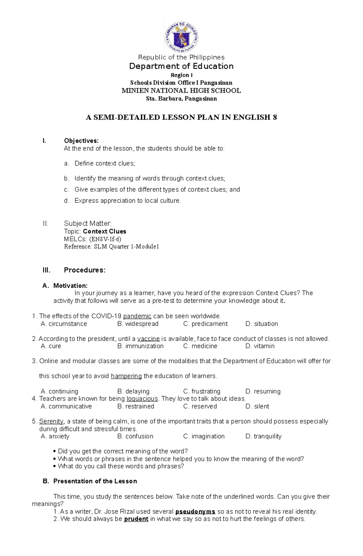 538321065 Semi Detailed Lesson Plan in Eng8 - Republic of the ...