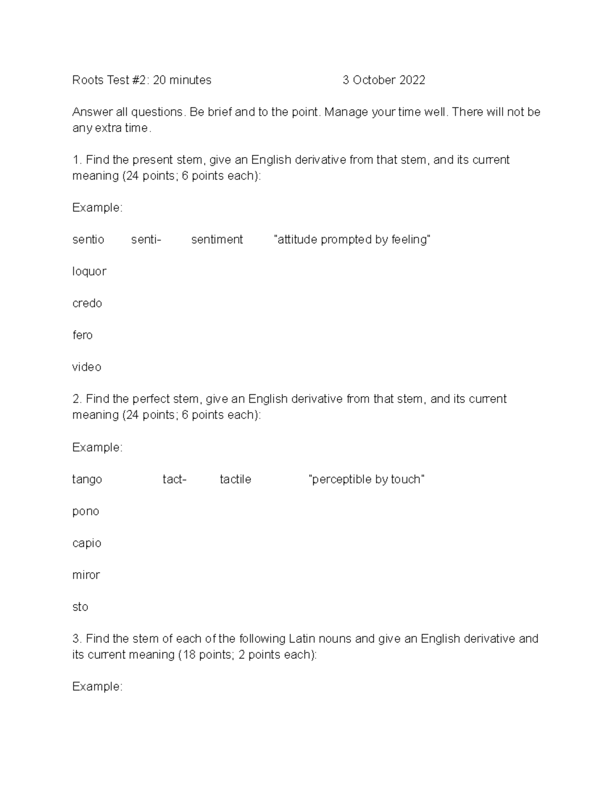 Roots Test 2 and Answer Key - Roots Test #2: 20 minutes 3 October 2022 ...