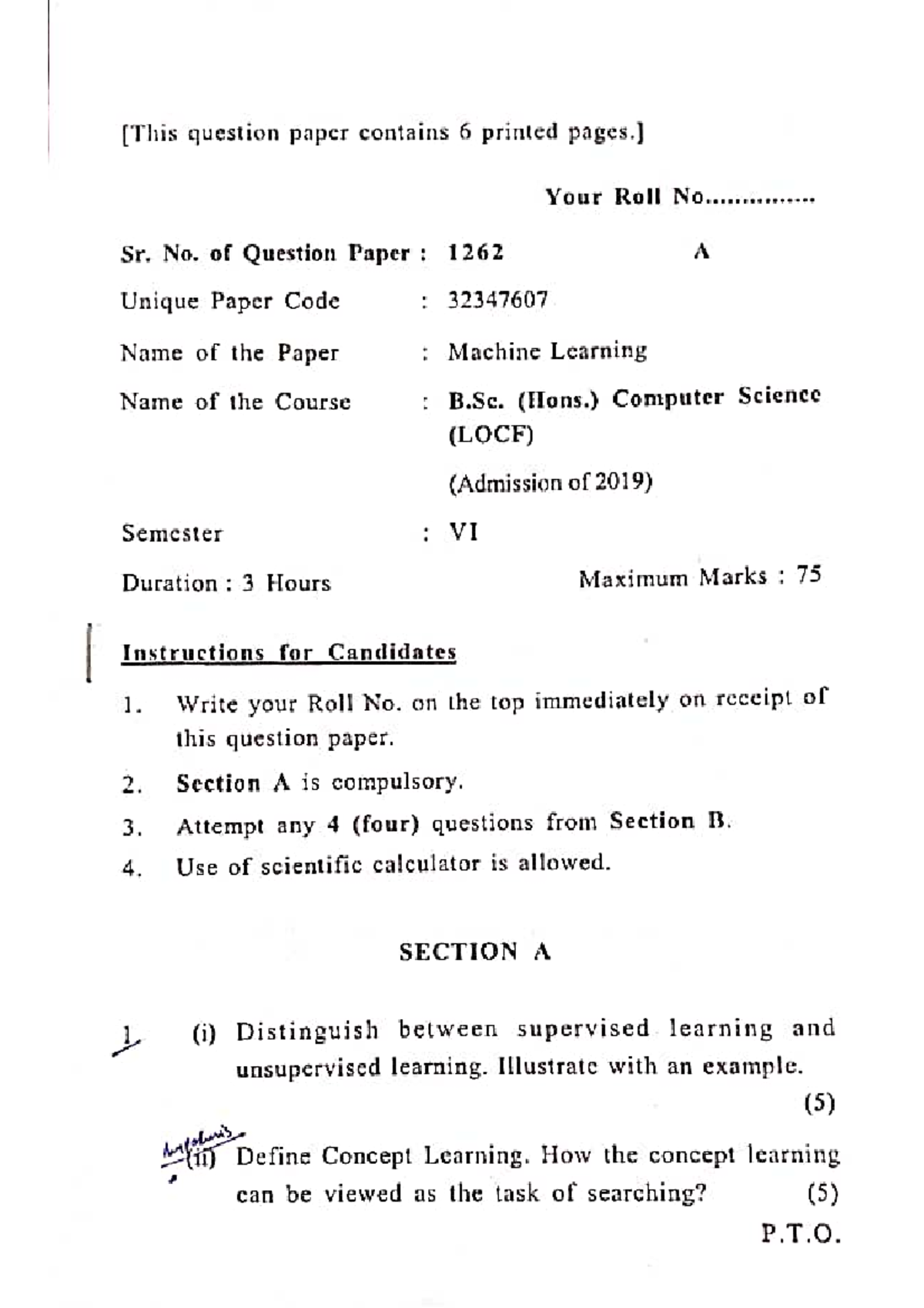 5. ML-1262-May 2022 - Question Paper ML Semester VI Delhi University - computer science - Studocu
