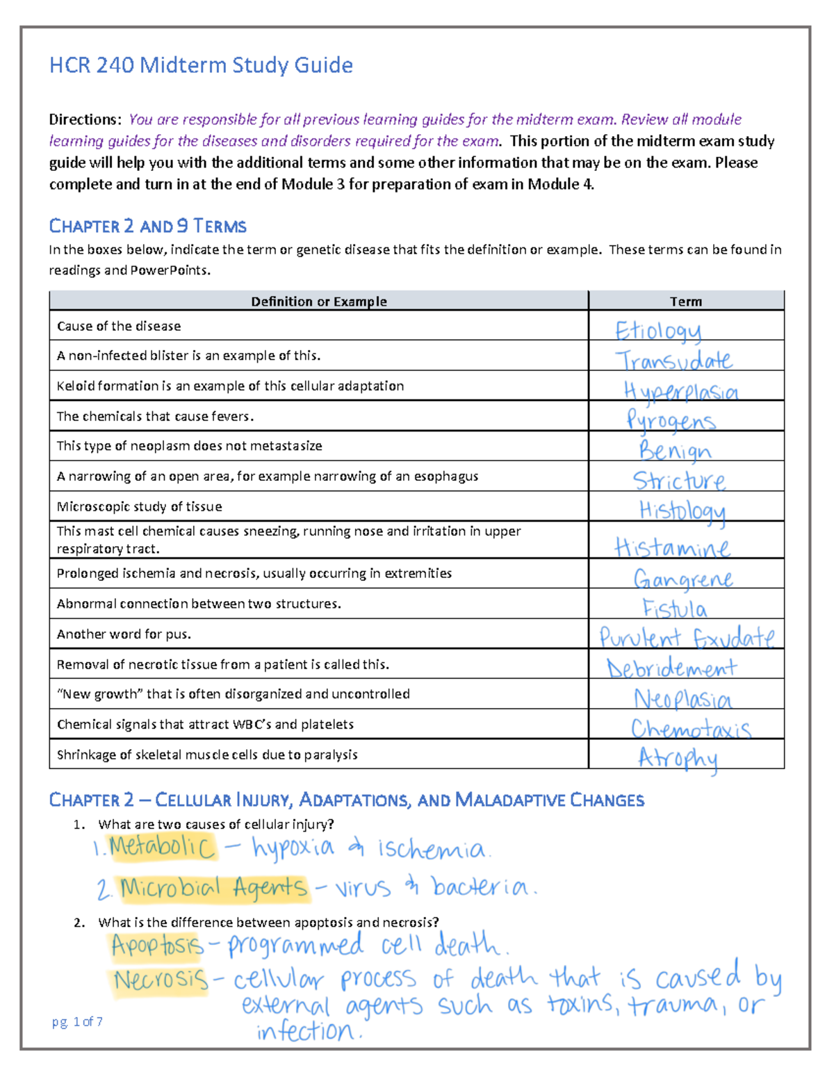 HCR 240 Midterm Review - Directions: You are responsible for all ...