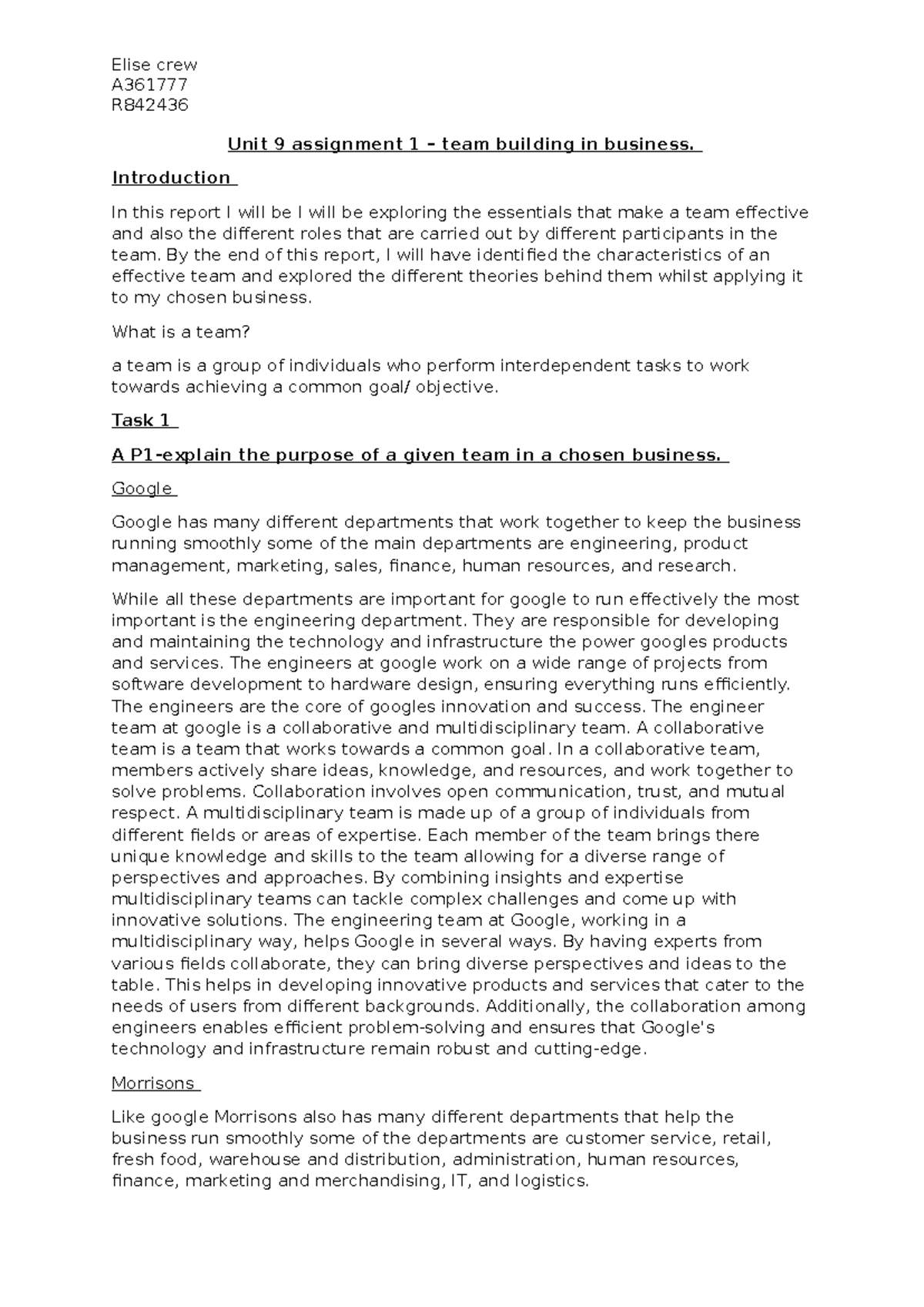 Unit 9-assingment 1 - assignments - A R Unit 9 assignment 1 – team building in business. - Studocu