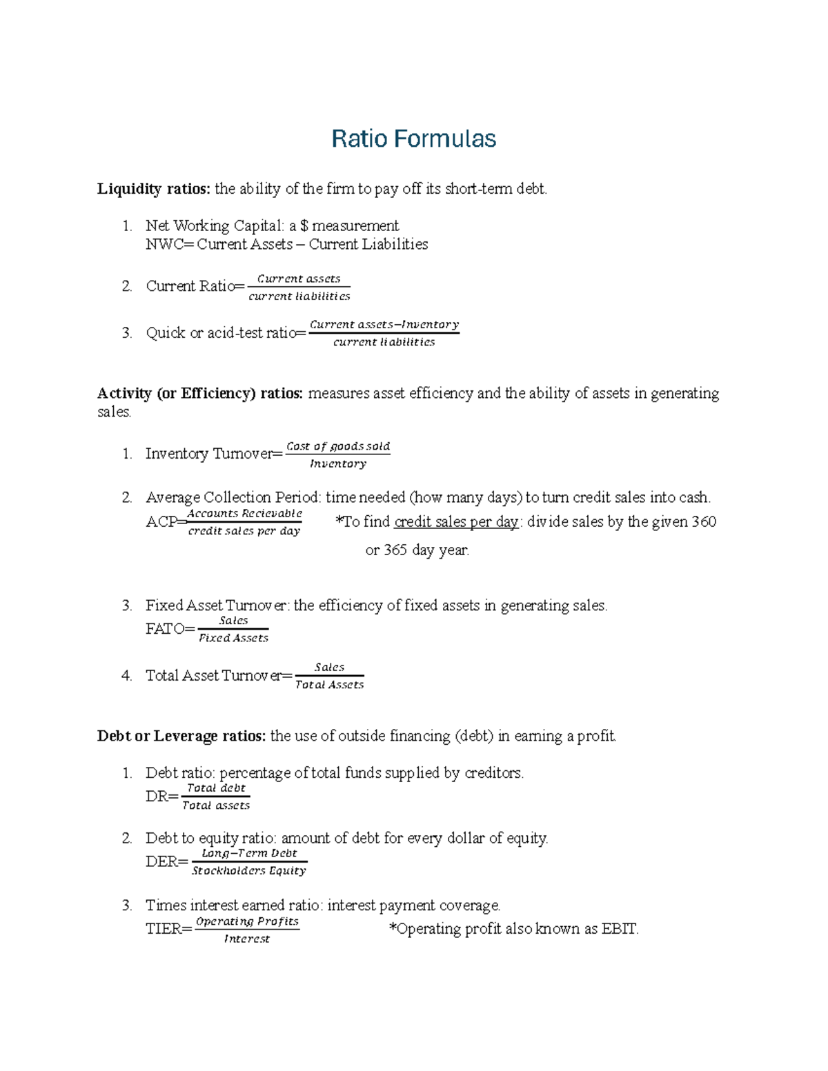 Ratio Formulas - Ratio Formulas Liquidity ratios: the ability of the ...