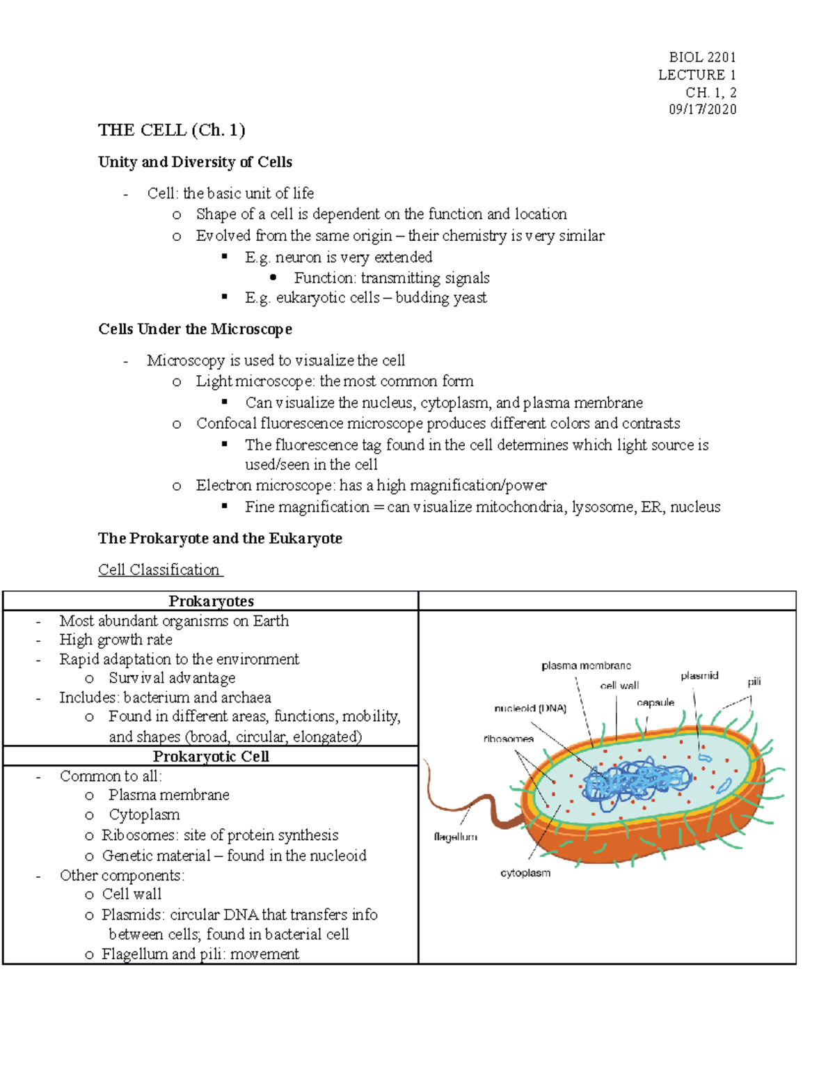 BIOL 2201 Lec 1 - Lecture notes 1 - LECTURE 1 CH. 1, 2 09/17/ THE CELL ...