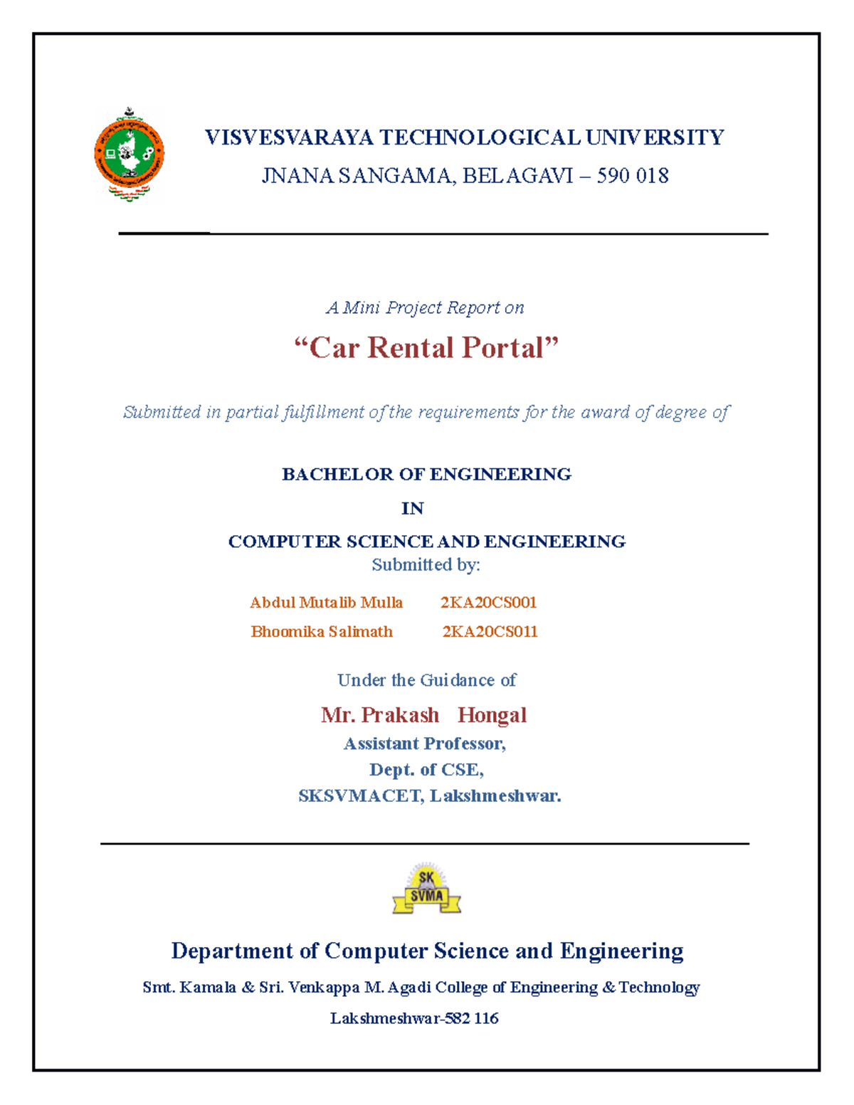Mini Project part 1 - Good - VISVESVARAYA TECHNOLOGICAL UNIVERSITY ...