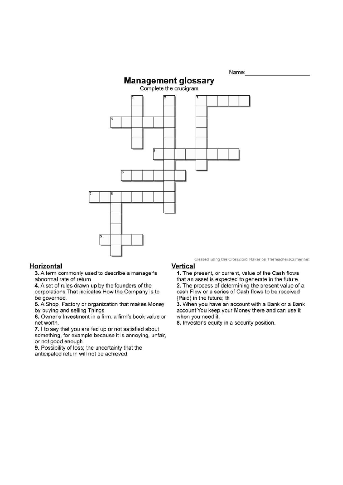 Crucigrama - Ingles page-0001 - Name: Management glossary Complete the ...