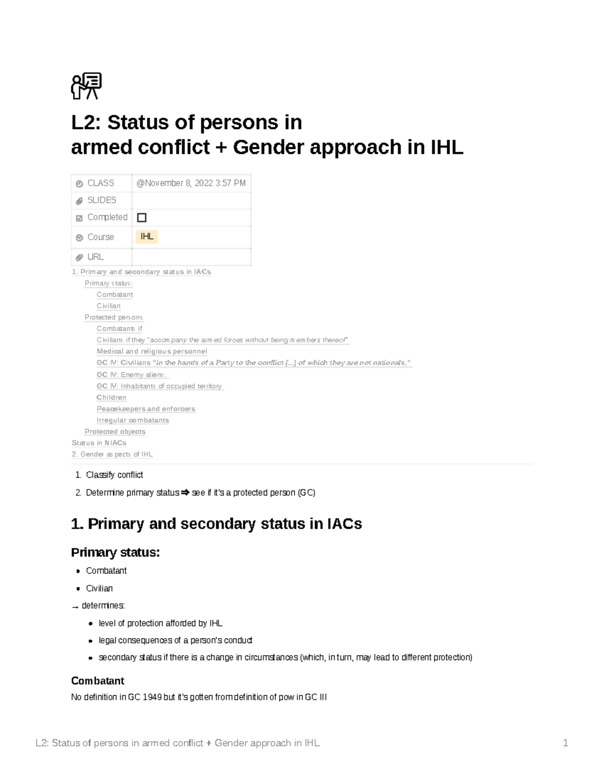 Lectures IHL - Notes - L2: Status of persons in armed conflict + Gender ...