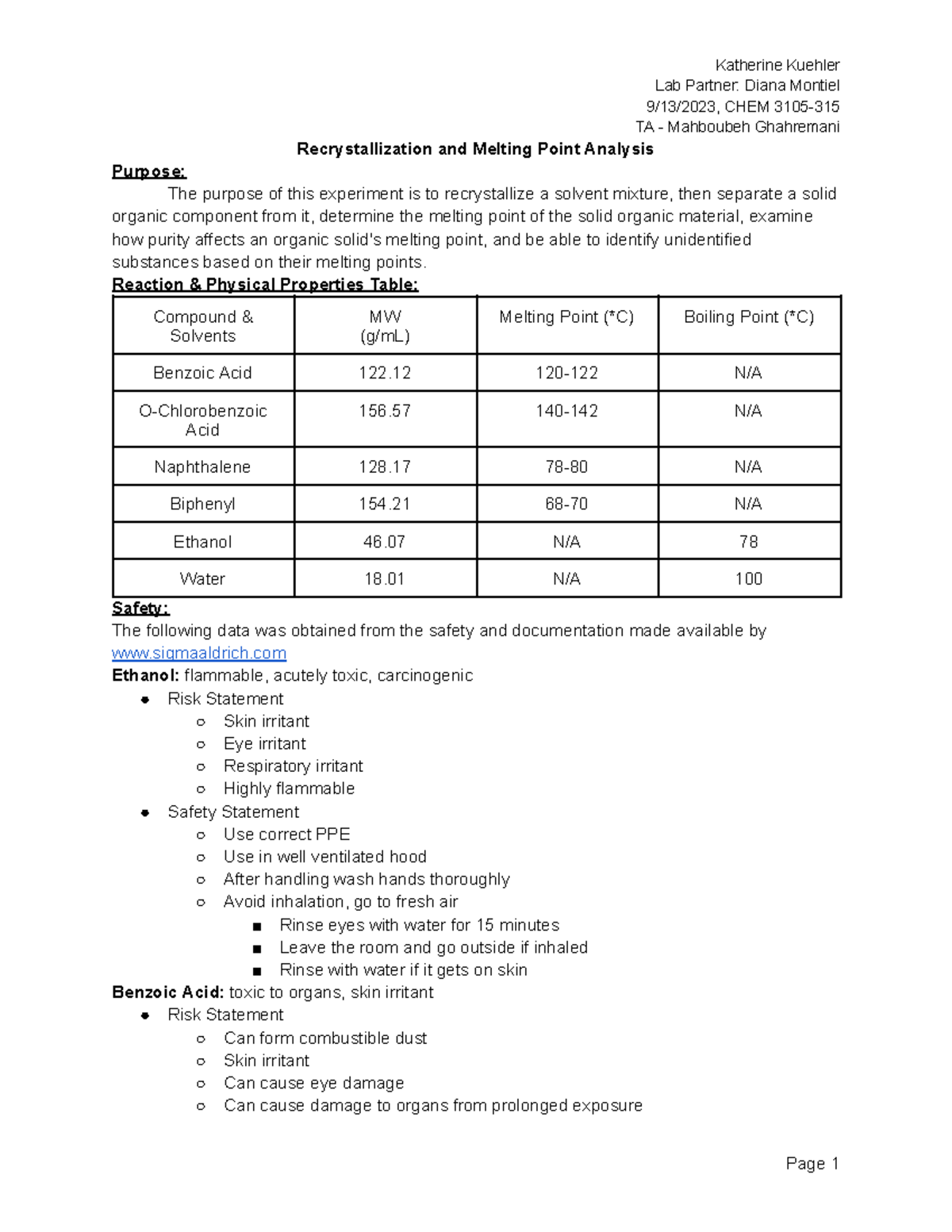 CHEM 3305 Lab Report 3 - Lab Partner: Diana Montiel 9/13/2023, CHEM ...