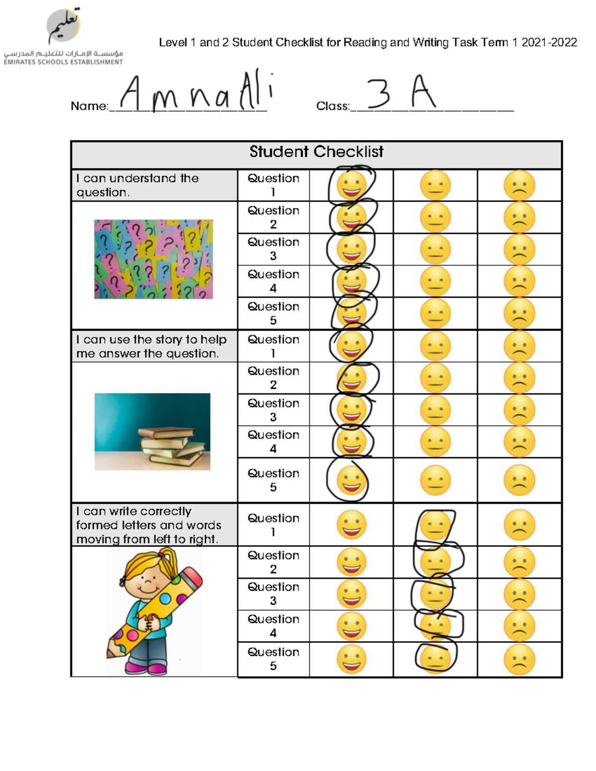 Student Checklist Levels 1 and 2 Reading and Writing Task T1 2021 2022 ...