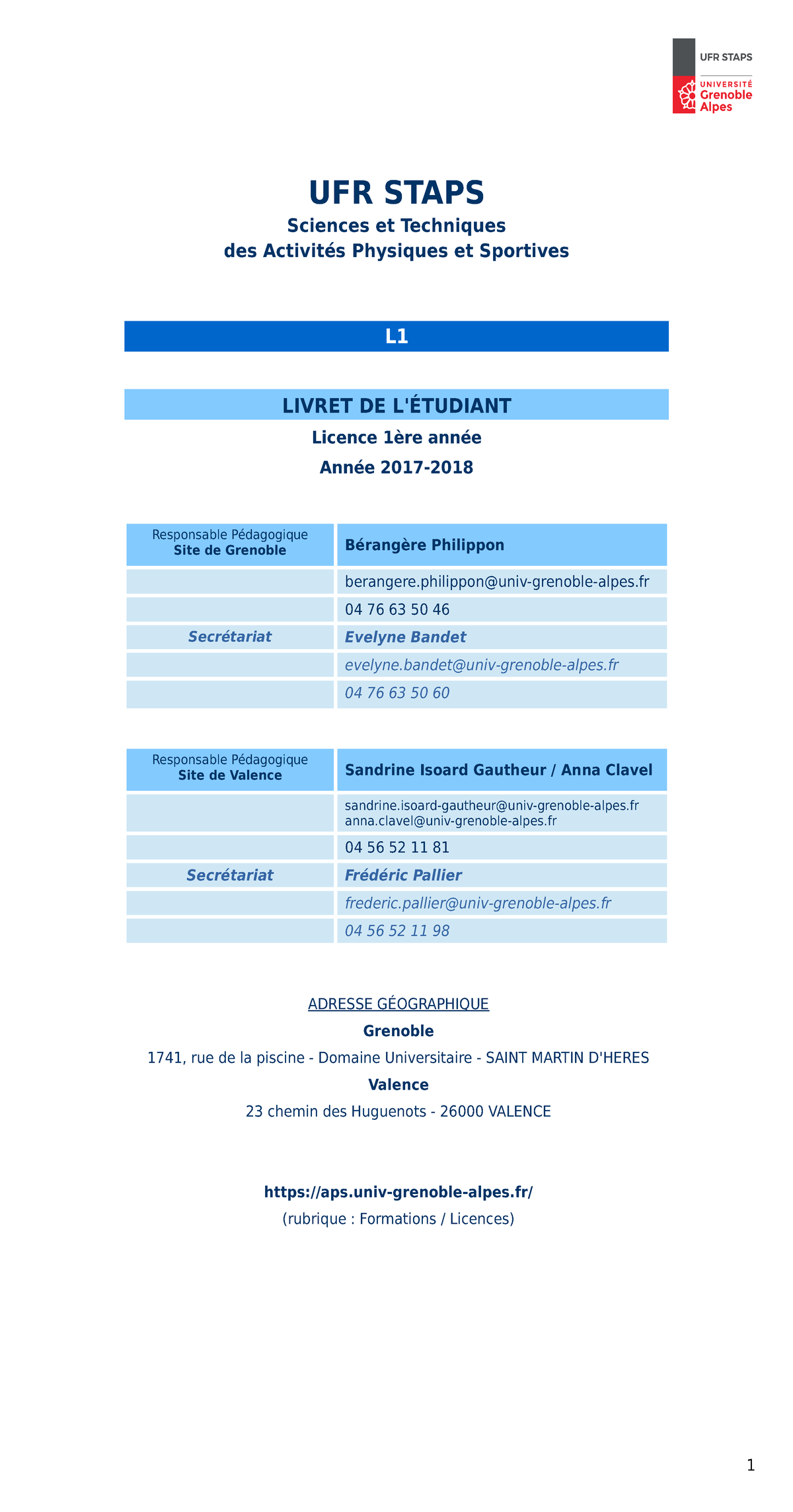 Livret l1 2017-2018 - UFR STAPS Sciences et Techniques des Activités Physiques et Sportives L ...