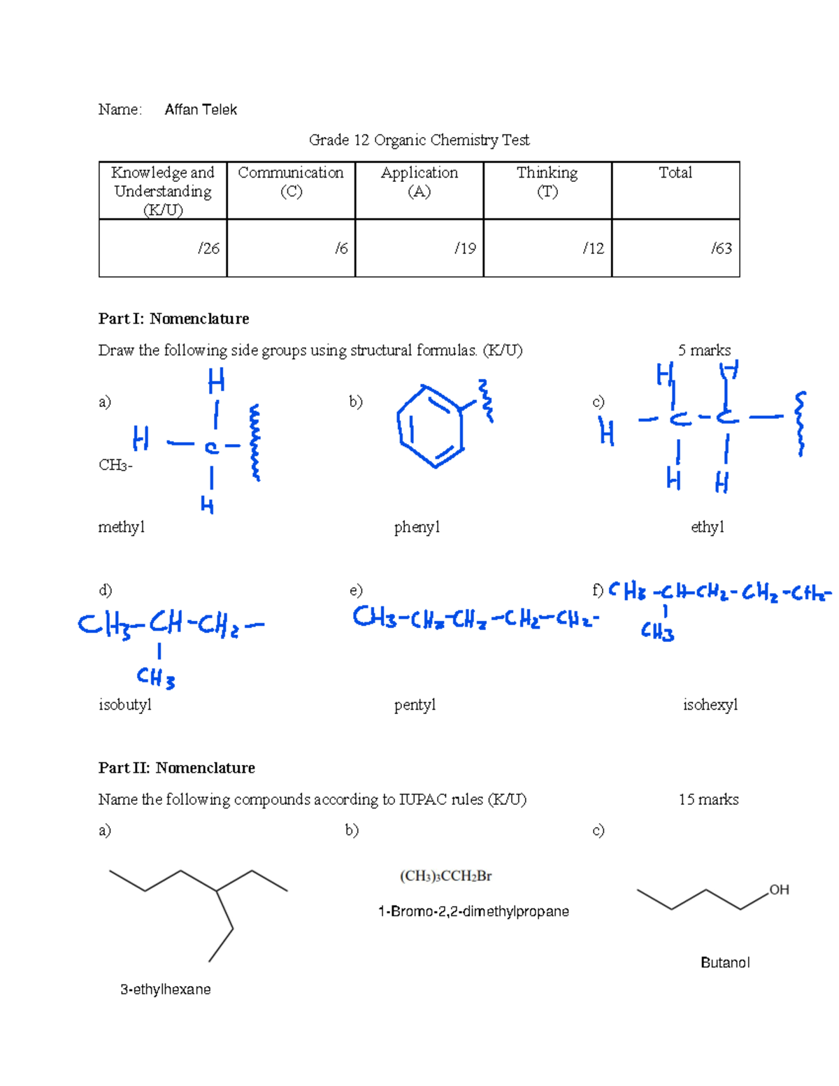 Orgo Test 2023 (2) - Name: Grade 12 Organic Chemistry Test Knowledge ...