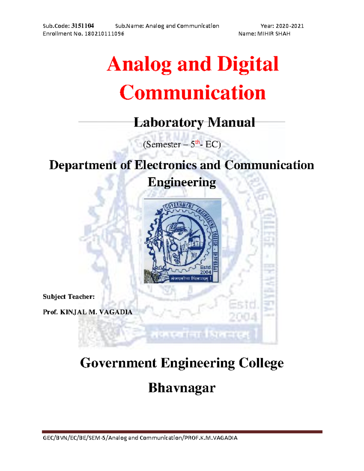 REf lab manual ADC even 2021 2022 - Enrollment No. 180210111096 Name ...