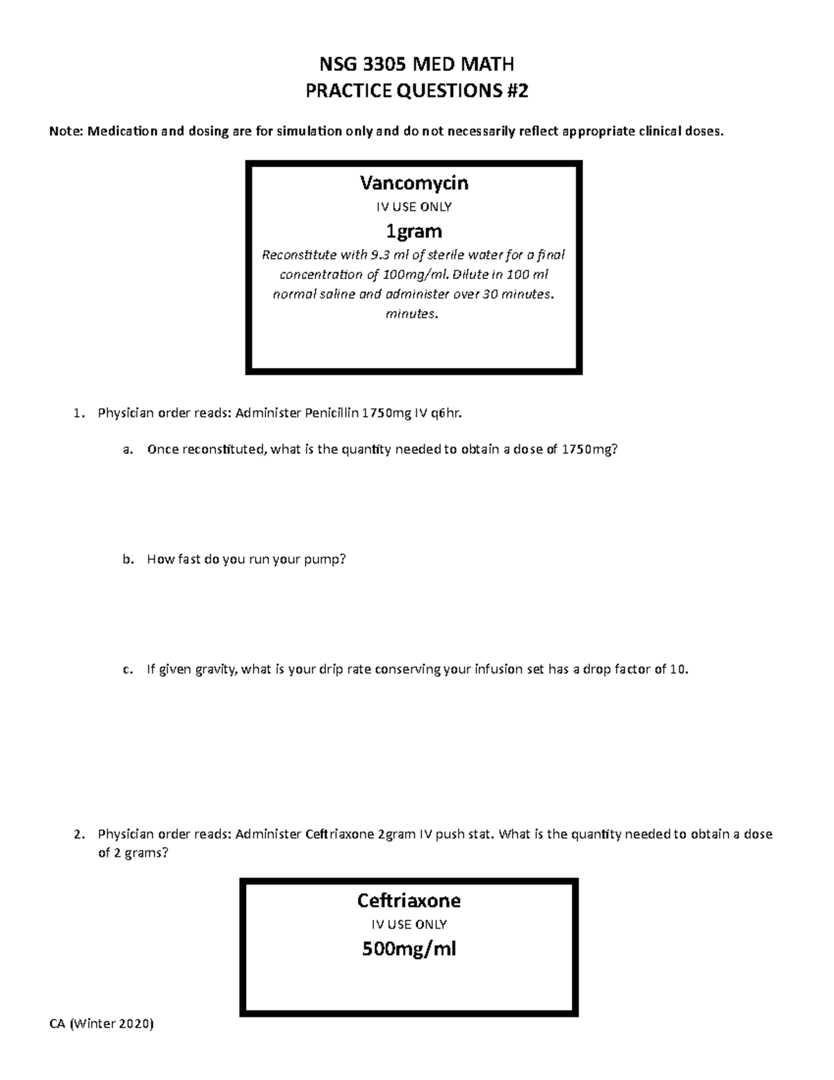 W22 NSG 3305 Med Math Practice Questions - NSG 3305 MED MATH PRACTICE ...