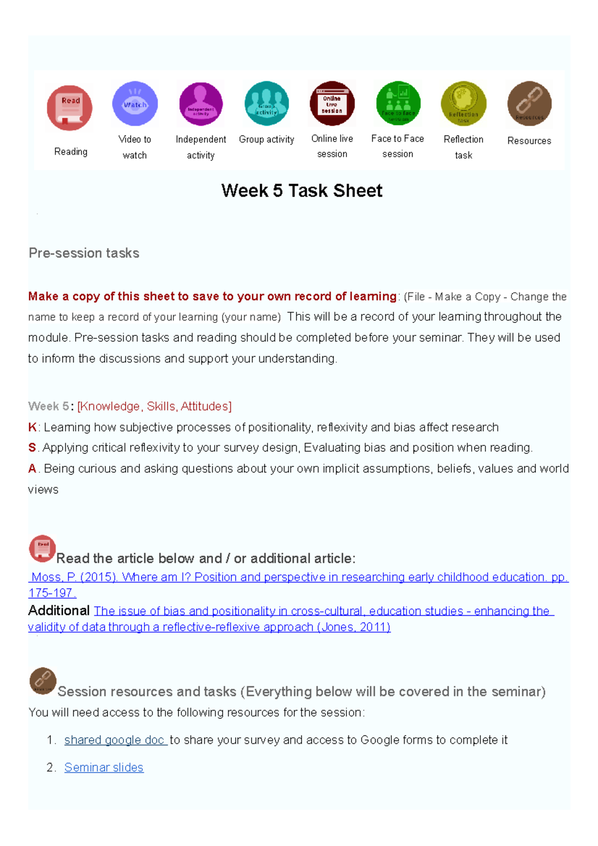 Week 5 Task Sheet - Moss, P. (2015). Where am I? Position and ...