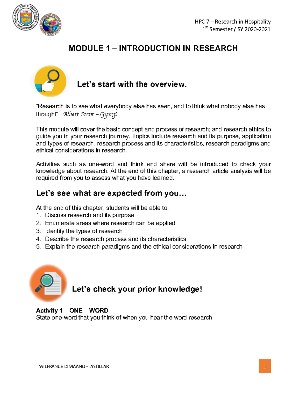Module 1 – Introduction in Research-1 - 1 st Semester / SY 2020-2021 ...