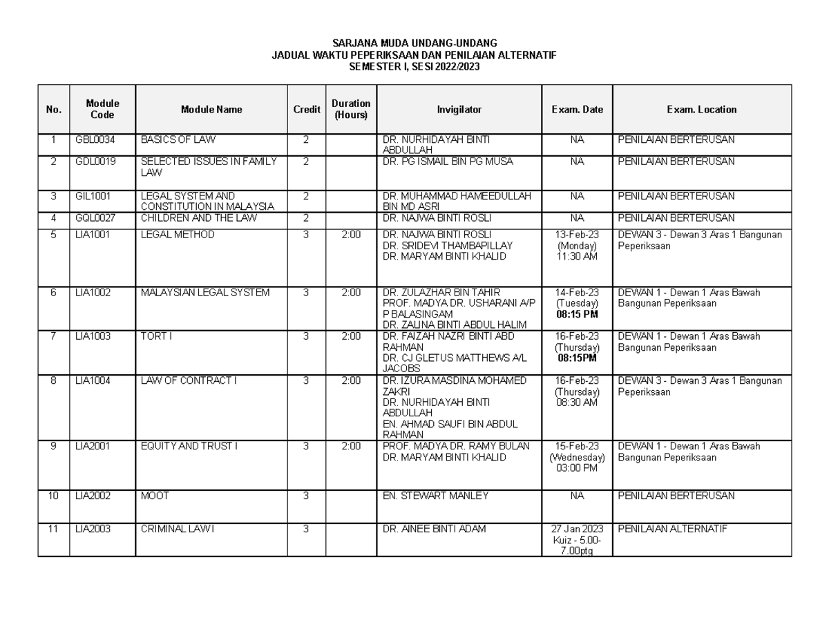 LLB - EXAM Timetable SEM 1 2022 2023 - SARJANA MUDA UNDANG-UNDANG ...
